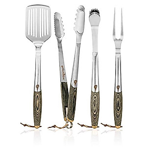 Grillaholics Premium BBQ Grill Tools - Luxury 4-Piece Barbecue Utensils Grill Set - Wooden Gift Box Includes Barbeque Tongs, Meat Fork, Grill Spatula & Basting Brush