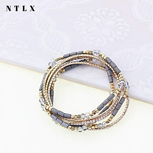 NTLX Multi Strand Beaded Stackable Stretch Bracelets for Women – Bohemian Boho Style Bracelets – Multi Color Layered Statement Bangles (Black Diamond Grey)