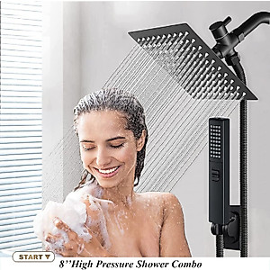 Shower Head, 8'' Matte Black Shower Head with hose, 2 in 1 Setting High Pressure Shower Heads, Anti-leak Rainfall Shower Head with Holder, Dual Rain Shower Head with Handheld Spray, Bellearlly