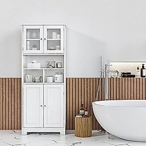 HORSTORS Tall Bathroom Cabinet, Freestanding Storage Cabinet with Glass Doors and Adjustable Shelf, Modern Linen for Bathroom, Living Room, Kitchen, White, 23.6" L x 11.8" D 58" H