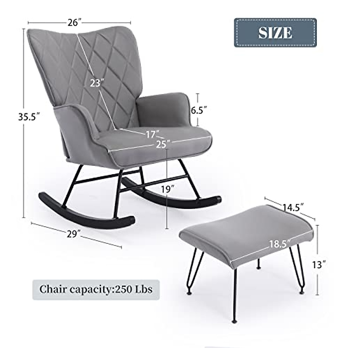Ailisforest Rocking Chair, Modern Rocking Chair Nursery Set with Lumbar Pillow and Ottoman, Glider Chair for Nursery/Living Room/Bedroom-Gray