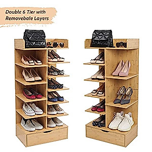 TQVAI 6 Tier Shoe Rack, Wood Shoe Organizer with Drawer, Tall Shoe Storage Rack for Entryway, Bamboo Color