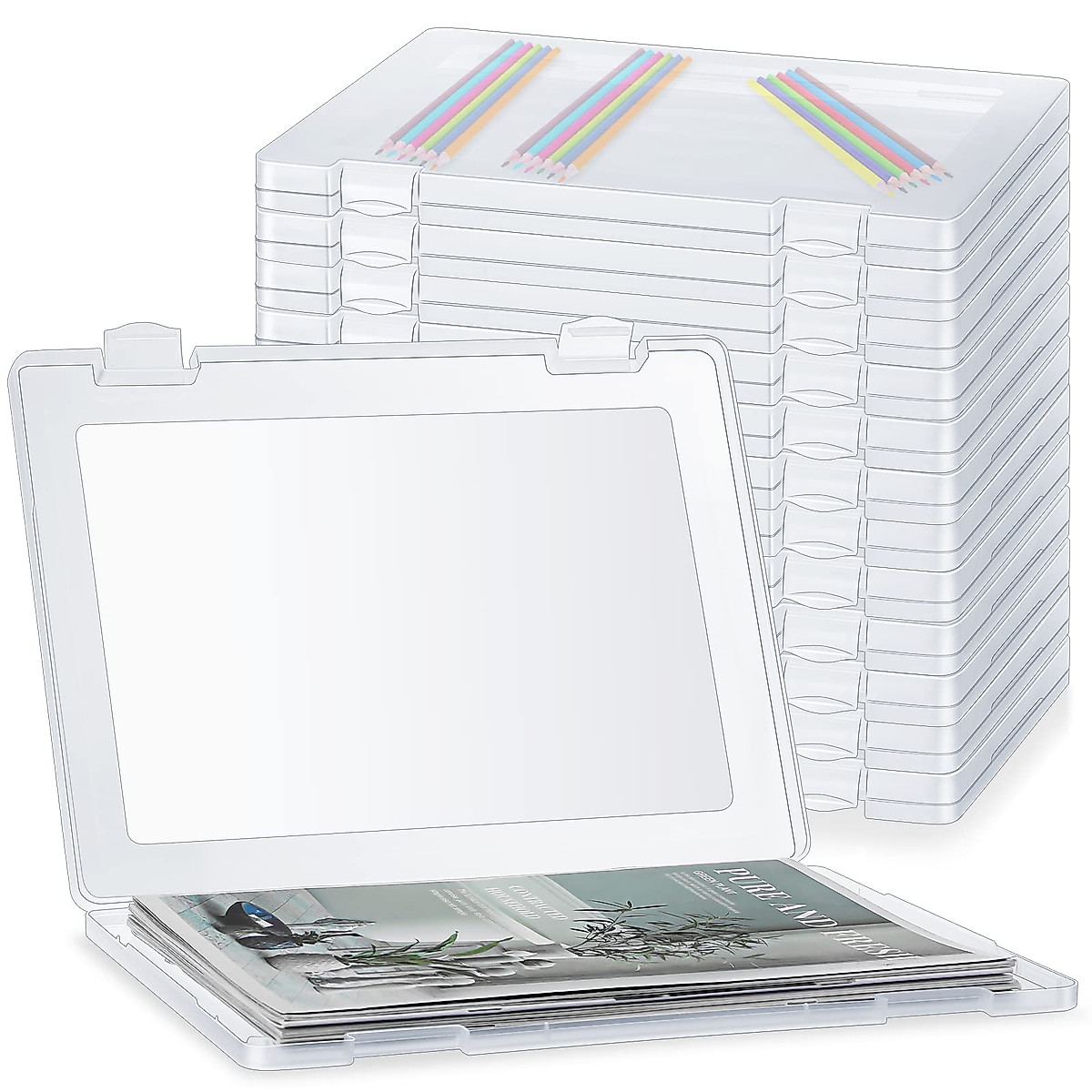 Qunclay 12 Pieces 12.6 x 9.4'' A4 File Project Storage Case Plastic Portable Project Case Scrapbook Paper Organizer Storage for Magazine Document Craft Hobby Quilting Art Office School Supplies, Clear