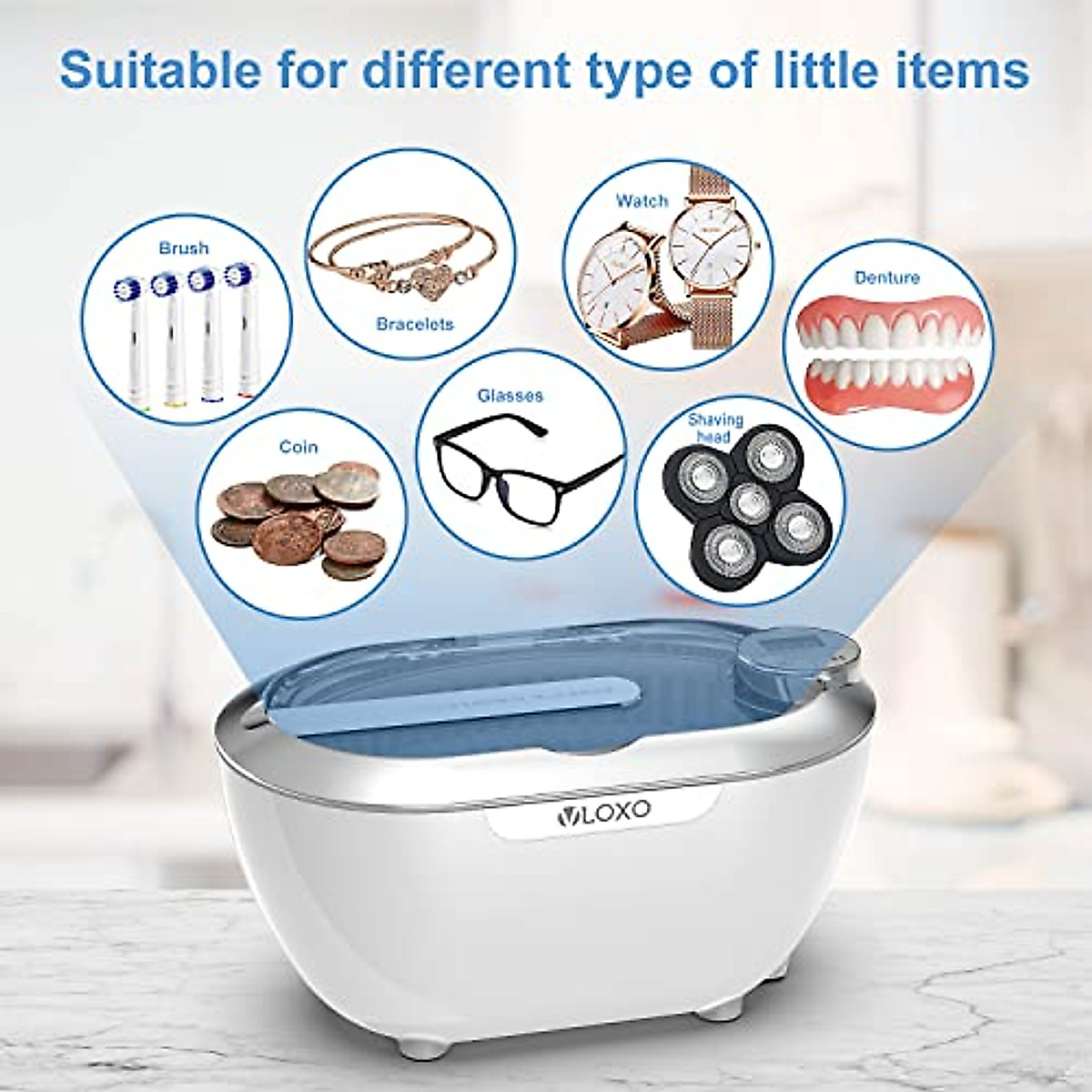 VLOXO Ultrasonic Cleaner with Digital Display 700ml Touch Screen Device Ultrasonic Cleaning Device Ultrasonic Bath Ultrasonic Cleaner Machine for Watches Jewelry Razor Heads Coin(White)