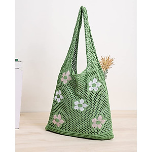 ENBEI Crochet Tote Beach Bag for Women with 6 Flower Pattern, Aesthetic Boho Large Bag, Foldable & Lightweight, Perfect for Beach, Travel, Daily Use & Gift