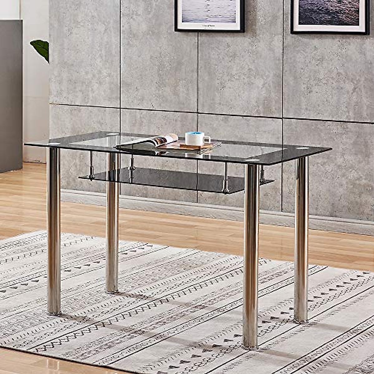 QIHANG-US Glass Dining Table with Storage Shelf, 2-Tier Kitchen Table for 2-6 People 47" Rectangular Dining Room Table with Chrome Metal Legs for Dining Guest Reception
