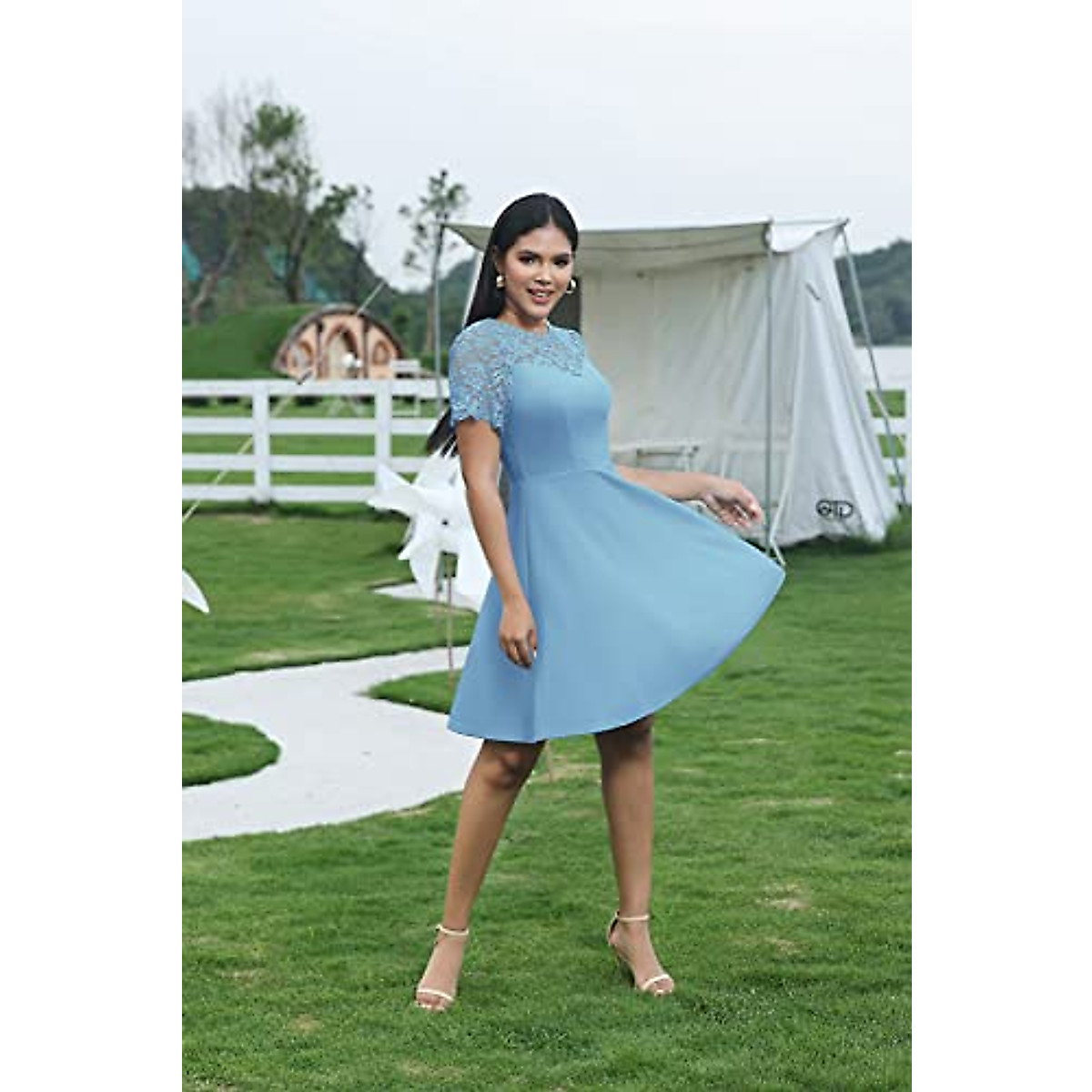 Kate Kasin Women's Retro Crewneck Lace Splicing A Line Cocktail Dress Formal Wedding Guest Party Sexy Prom Dresses Short Light Blue S