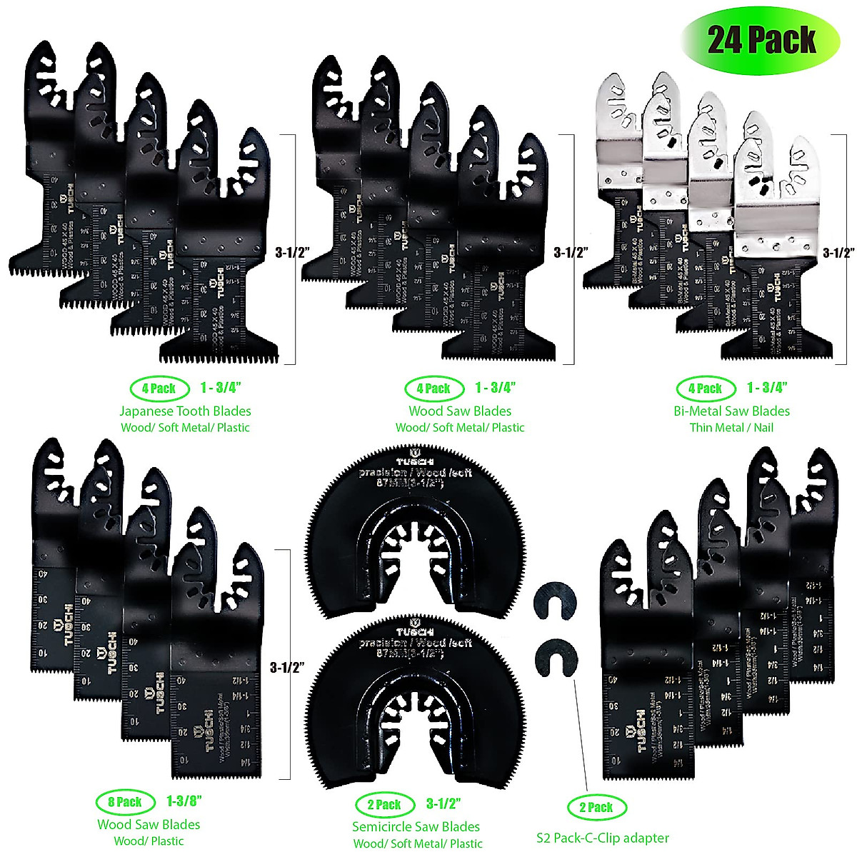 OHROS 24Pcs Titanium Oscillating Saw Blades Professional Universal Multitool Blades for Wood Plastics Metal Fit Dewalt Ryobi Quick Release Multi Tool Blades Kits All Purpose Cutting Coping Tools