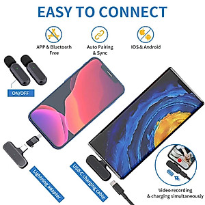 2 Pack Professional Wireless Lavalier Microphone for Android, iPhone iPad with Adapter Included Noise Reduction Plug-Play Clip on Lapel Mic for YouTube, Recording, Vlog, Facebook Live Streaming