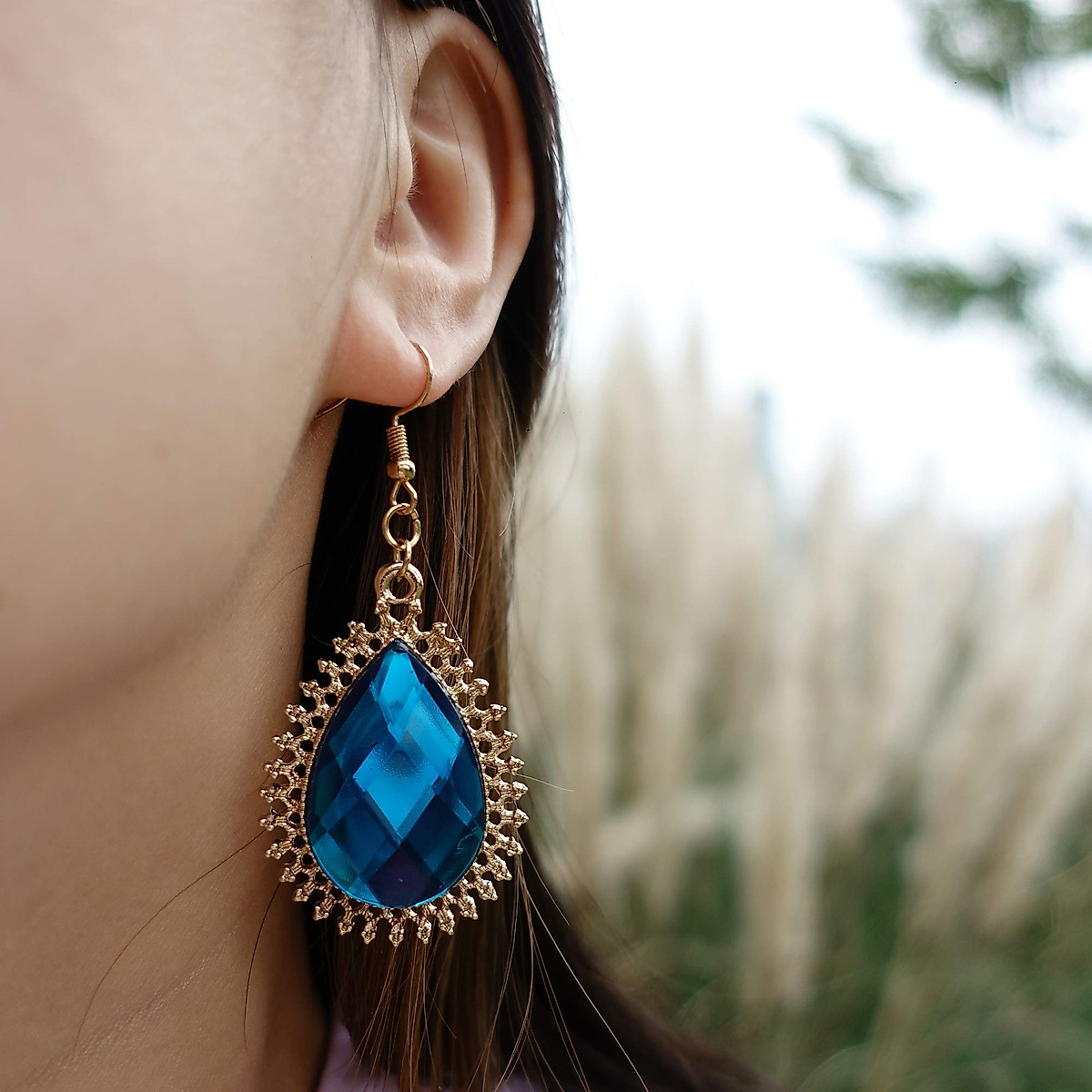 RareLove Gothic Halloween Costumes Princess Blue Rhinestone Teardrop Gold Plated Alloy Vintage Dangle Piercing Earrings For Women