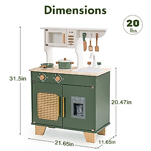 ROBUD Kids Kitchen Playset, Vintage Wooden Play Kitchen with Ice Dispenser, Pretend Toddlers Kitchen Toy with Accessories, Baby Gift for Ages 3 4 5 6 7 8