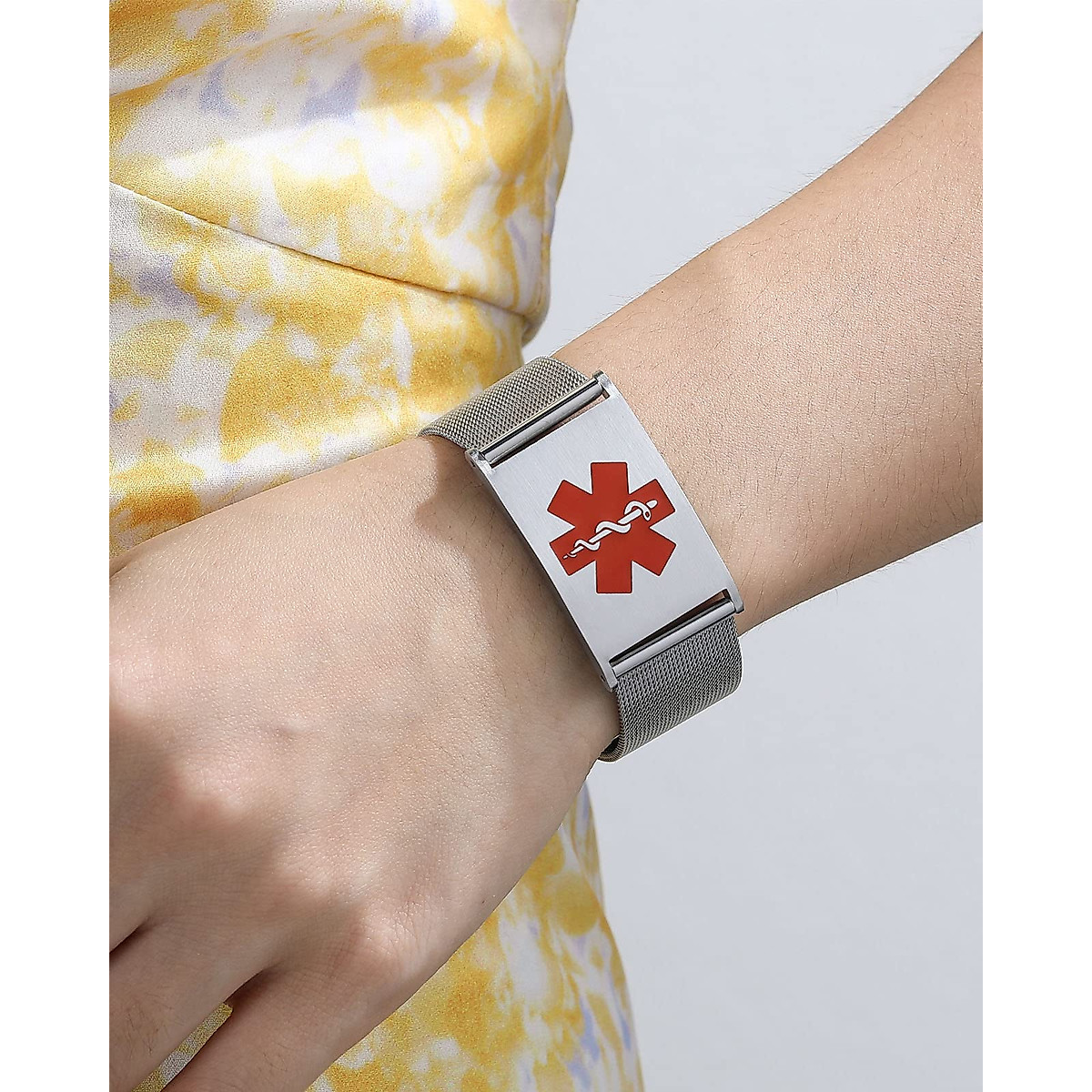 Personalized Stainless Steel Medical Alert Bracelets for Men Women - Custom Medical Alert ID Bracelets Free Engraving - Adjustable Milan Mesh Watch Band Medical Emergency Bracelet (Silver)