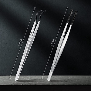 2 Pieces Tweezers with Rubber Tips Set PVC Rubber Coated Tips Bent and Straight Flat Tip Tweezers Stamp Coins Jewelry Hobby Crafts Industrial Electronic Tweezers Tools (Silver, Black)