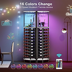 Homeiju Corner Wine Rack with Glass Holder and Led Strip Light, Corner Bar Wine Racks Free Standing Floor, Industrial Corner Bar Cabinet for Kitchen, Dining Room, Living Room or Cellar