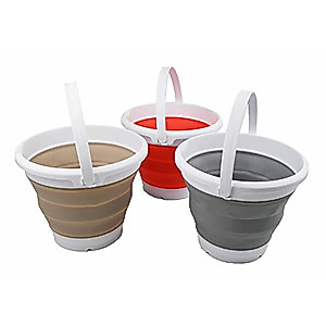 SAMMART 5.5L (1.4 Gallon) Set of 3 Collapsible Plastic Bucket - Foldable Round Tub - Portable Fishing Water Pail - Space Saving Outdoor Waterpot. (Grey & Latte & Orange Red)