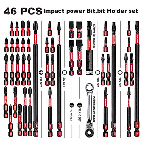 GEINXURN Impact Tough Magnetic Mixed 46Pack Insert Driver Bits, S2 Alloy Steel Screwdriver Power Bits Set with 1Pcs Impact Magnetic Bit Holder and Mini Wrench