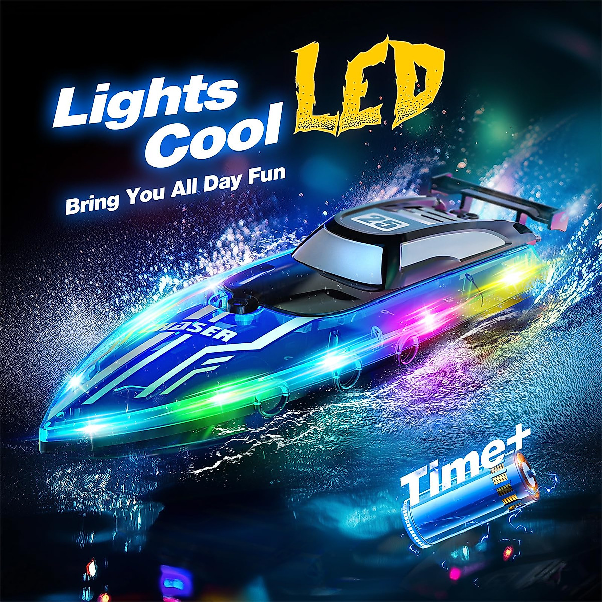 JOI MEW RC Boat for Kids with LED Lights, 2.4Ghz Remote Control Racing Boats for 8-12,Toy Water Boat for Pools & Lakes with Waterproof,Rechargeable Battery, for Boys Girls Blue