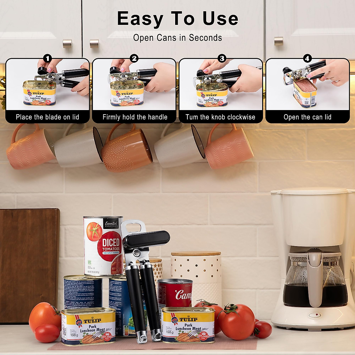 Urbanstrive XL Large Heavy Duty Can Opener Manual Smooth Edge, Hand Held Can Openers for Seniors, Stainless Steel, Comfortable Handle, Built-in Bottle Opener, 8.66 inch Black