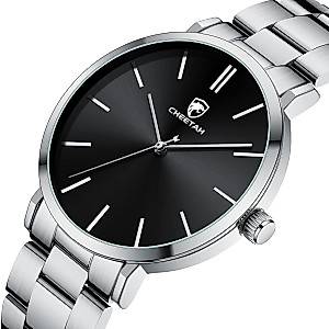 GOLDEN HOUR Men's Watches Slim Minimalist Runway Silver Stainless Steel Quartz Analog Watch with Black Face