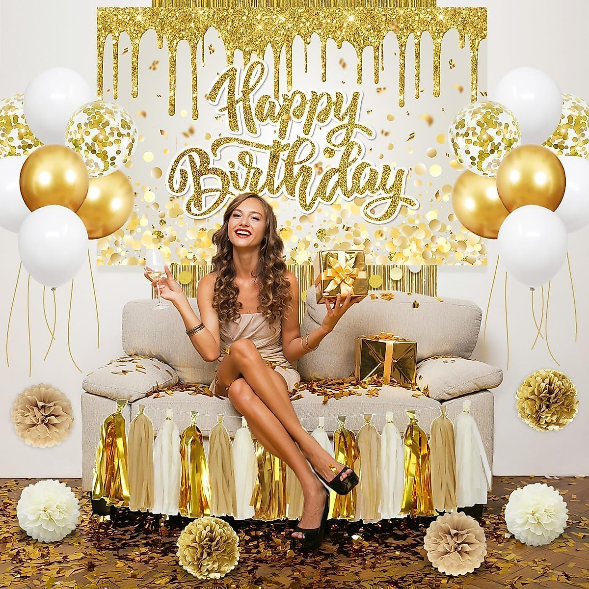 Gold Birthday Party Decorations Set Happy Birthday Decorations for Women Girls- Happy Birthday Banner Backdrop Gold and White Balloons Tassel Curtains Gold Dot Tablecloth Birthday Party Supplies