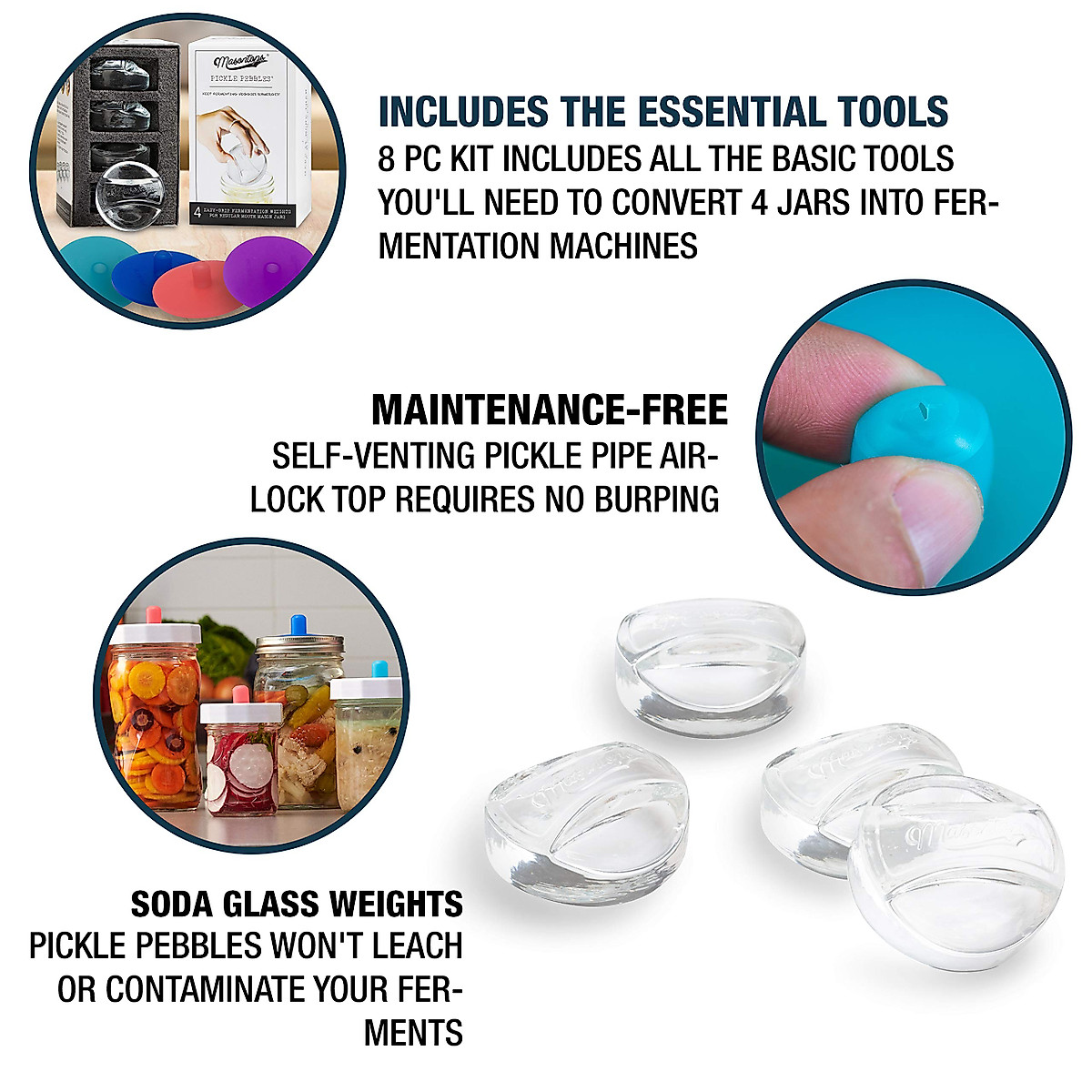 Masontops 8 PC Pickle Pebbles Glass Weight & Pickle Pipe Airlocks Kits - Large Wide Mouth Lid - For Pickling & Canning