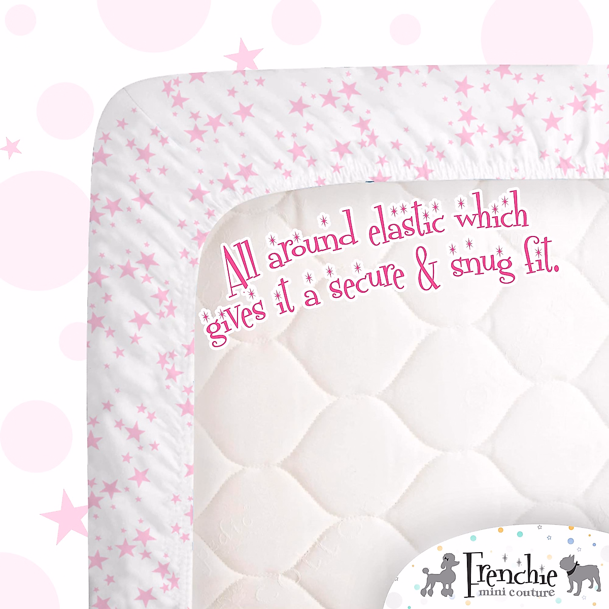 Frenchie Mini Couture Fitted Crib Sheets 100% Woven Cotton Fits Toddler Mattress, Pink Stars, 70 x 140 x 20cm, 2-Pack