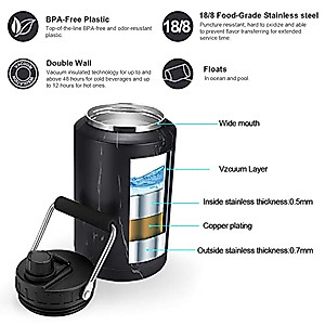 Sursip 128 Oz Insulated Water Bottle,One Gallon Vacuum Stainless Steel Double Walled Water Jug with 1pcs 30 OZ Mug(Inclue Brush/Straw)/Jug backpack,Sports,Travel,Games,Home use,School-marble