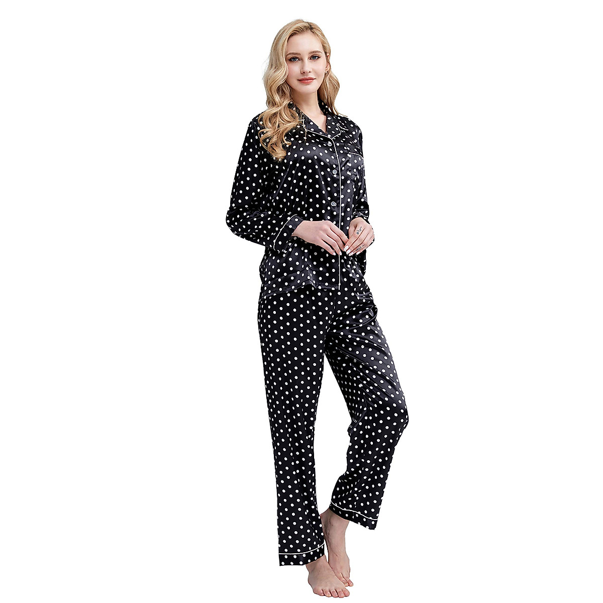 Women's Classic Satin Pajama Set Sleepwear Loungewear (Black and White Polka Dot, Large)