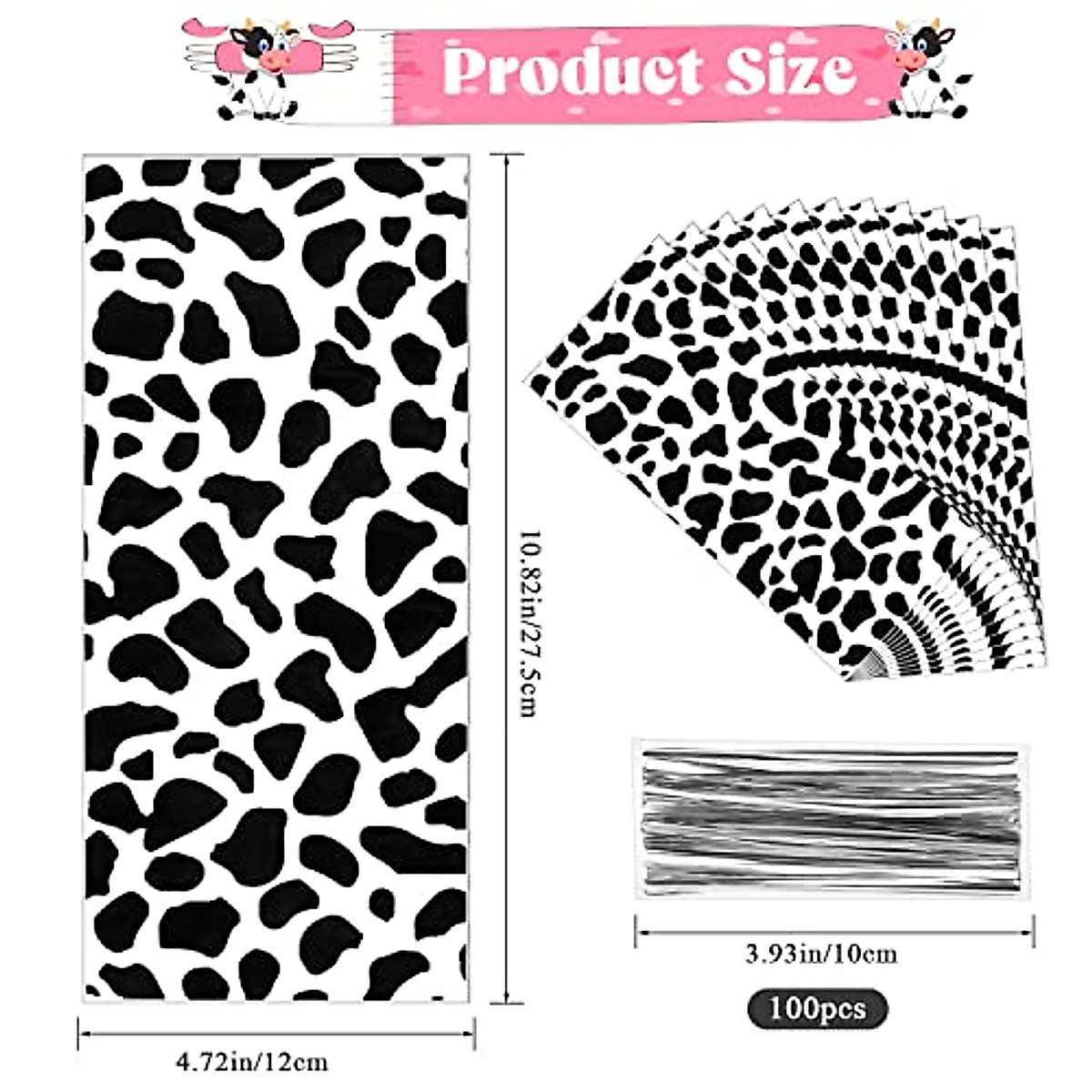 Storage bag Cow Print Goodie Bags Cow Party Favors Treat Bags Cellophane Gift Bags with Twist Ties for Cow Theme Baby Shower Cowgirl Cowboy Birthday Party Supplies 100 Pcs