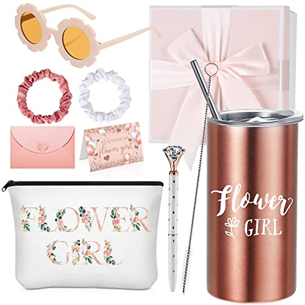 9 Pcs Flower Girl Gifts Set Personalized Flower Girl Tumbler with Straw Be My Flower Girl Card Bride Gift Box Canvas Bag Sunglasses Hair Ring Diamond Pen Envelope Bride Gifts for Wedding Party