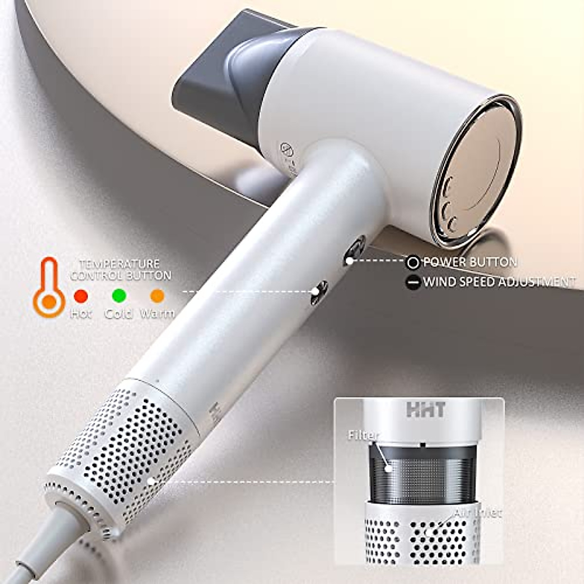HHT Professional Hair Dryer, Negative Ionic Blow Dryer with 110, 000 RPM Brushless Motor for Fast Drying, LCD Display High-Speed Low Noise Hairdryer with Magnetic Nozzle for Salon, Home and Travel