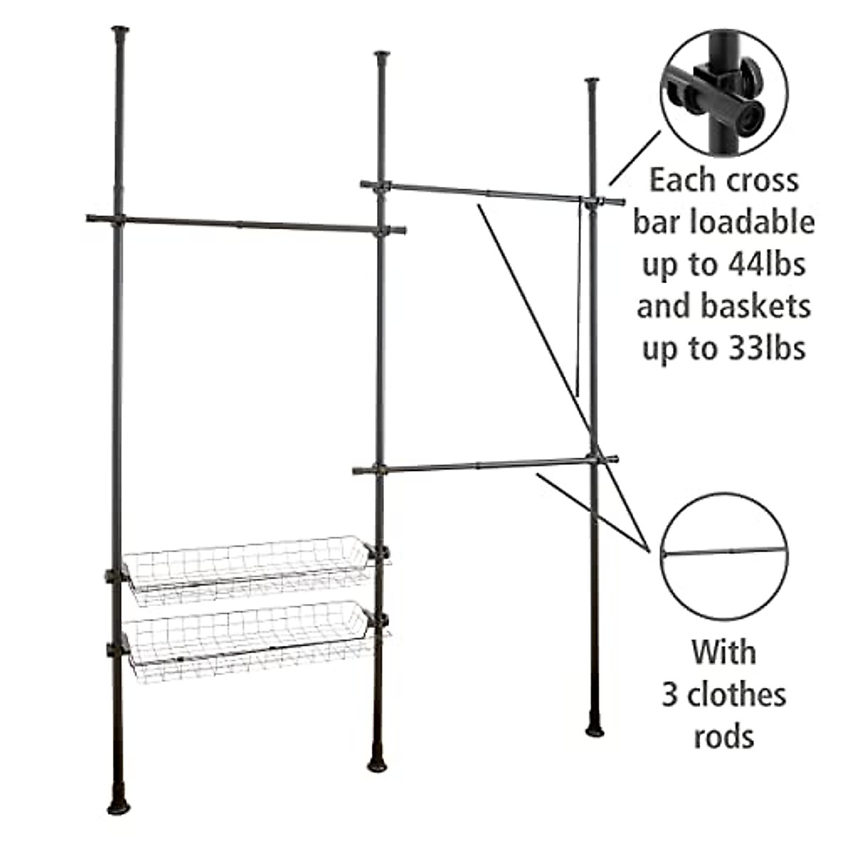 WENKO Adjustable Clothes Rack, Garment Rack System For Closet Organizer, Black Wardrobe Rack, Walk-in Closet, Clothes Organizer, 65-84.6 x 65-118.1 x 14.96 in, Black