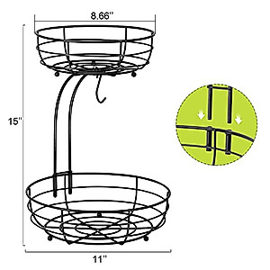 Kufutee 2-Tier Countertop Fruit Basket Bowl With Banana Hanger, Black 64 ounces