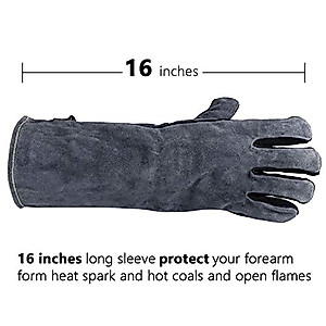 OZERO 932°F Heat Resistant Welding Gloves 16 inches Cowhide Leather - Long Sleeve and Insulated Lining BBQ Glove for Tig Welder/Mig/Grill/Barbecue/Green Egg/Stove Black-gray