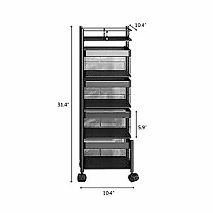 4-layer Rolling Storage Cart for Fruit Vegetable, Multi-Functional Black Square Rotary Storage Rack with Mesh Baskets & Wheels for Kitchen, Living Room, Office, Bathroom, 26.5 x 26.5 x 80cm