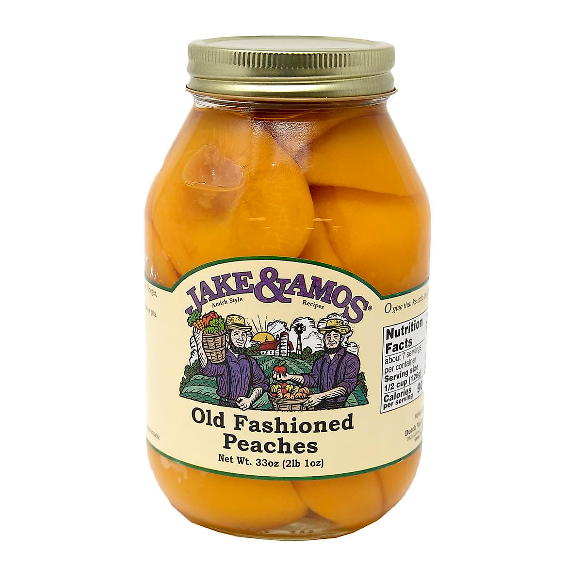 Jake & Amos Peach Halves 32 Oz. (2 Jars) - Home-Made Style Canned Peaches - Traditional Recipe - Non-GMO Ingredients