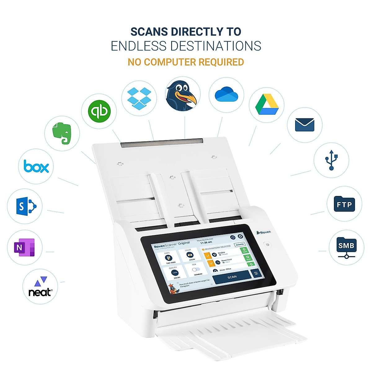 Raven Original Document Scanner - Huge Touchscreen, Color Duplex Feeder (ADF), Wireless Scanning to Cloud, WiFi, Ethernet, USB, Home or Office Desktop (2nd Gen)