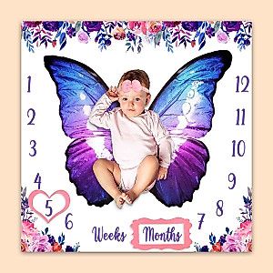 PHMOJEN Baby Monthly Milestone Blanket, Colorful Butterfly Wings Flowers Blanket for Nursery, Girl 1-12 Months, Includes 4 Frame and 1 Headband 40"x40" BTLSPH432