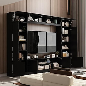 AIEGLE Lighted Entertainment Wall Unit Set with Bridge, Modern TV Stand with 3 Color Light, Up-Flip Doors & Shelves, Large Console Storage Cabinet Set for TVs Up to 70", Black (114.2"Wx11.8"Dx78.7"H)