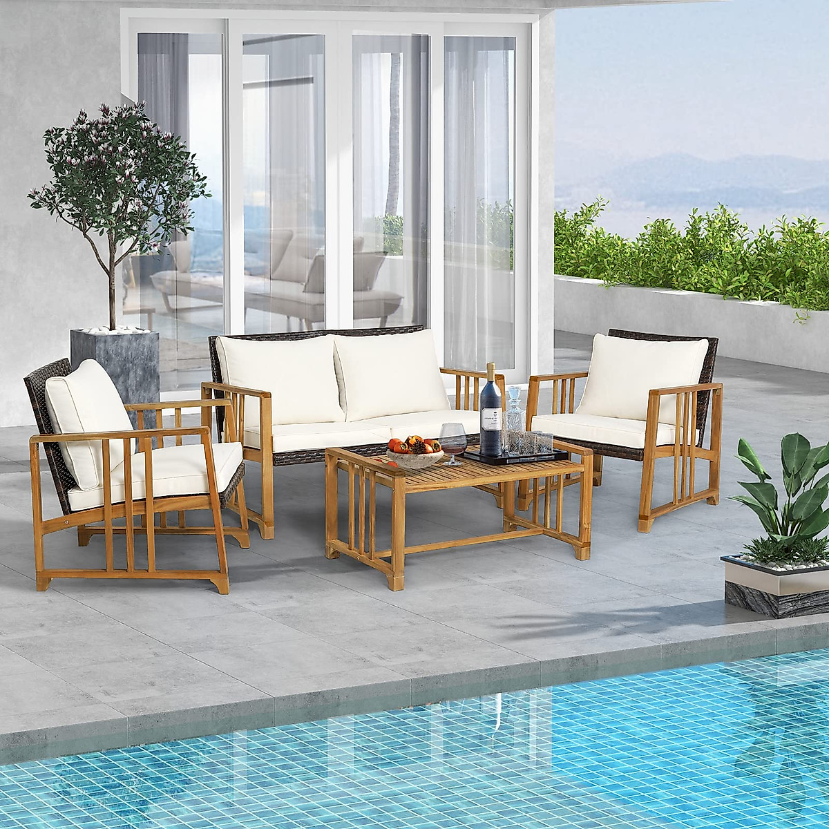 Tangkula 4 Pieces Patio Sofa Set, Outdoor Mix Brown Rattan Conversation Set with Acacia Wood Frame, Cozy Seat & Back Cushions, All-Weather PE Wicker Chair & Table Set for Porch, Poolside (Off White)