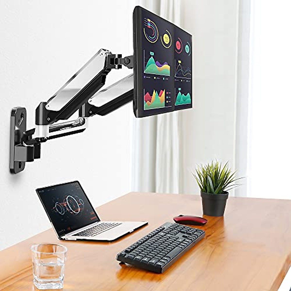 MOUNTUP Dual Monitor Wall Mount for 2 Max 32 Inch Computer Screen, Silver Polished Aluminium Full Motion Gas Spring Double Monitor Arm, VESA Bracket Support 3.3-17.6lbs, Swivel Monitor Stand Holder