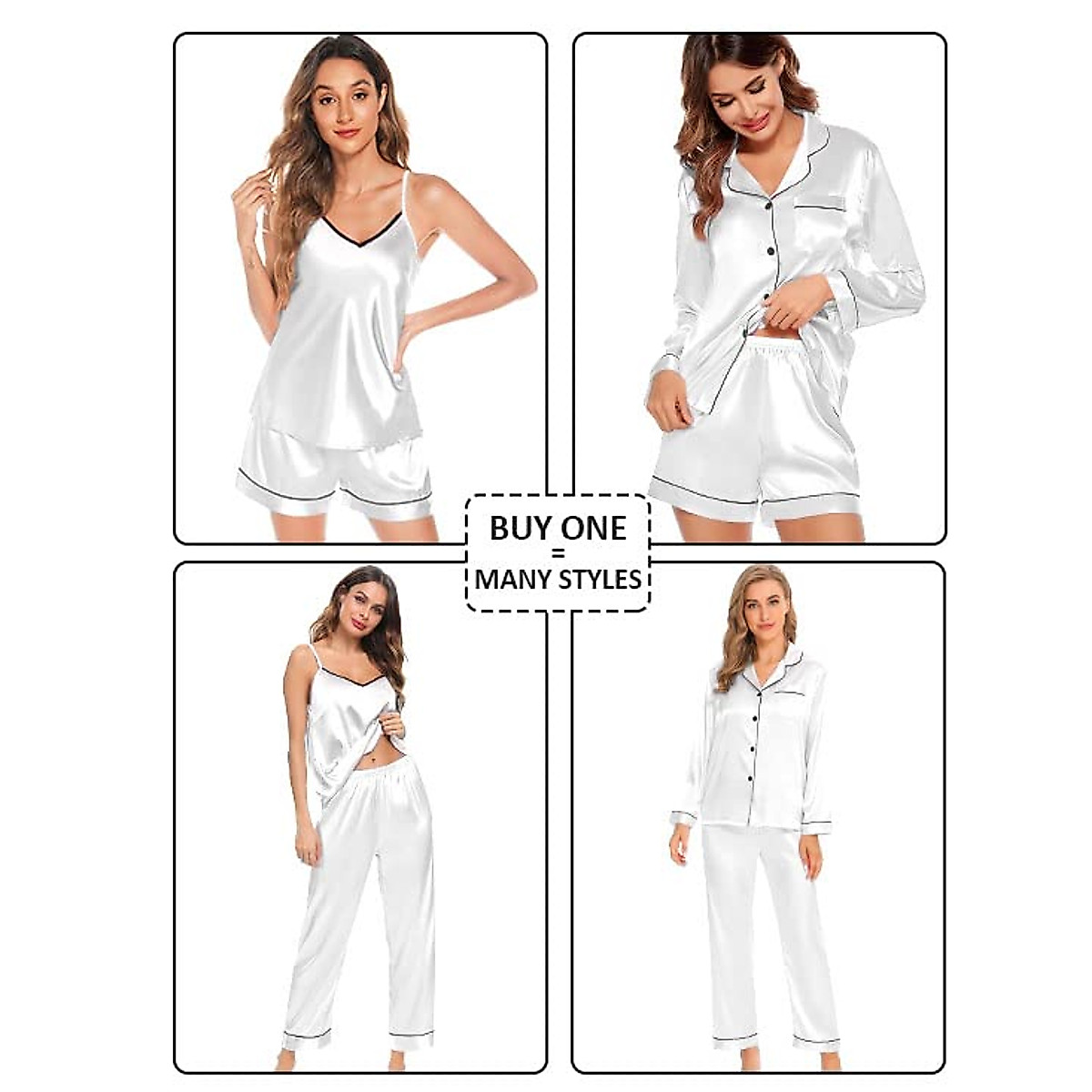 SWOMOG Womens Silk Satin Pajamas Set Three-piece Pj Sets Sleepwear Loungewear Button-Down Pj Sets White
