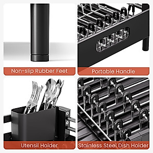 TOOLF Extendable Dish Rack, Dual Part Dish Drainers with Non-Scratch and Movable Cutlery Drainer and Drainage Spout, Adjustable Dish Drying Rack for Kitchen, 1 Piece Black