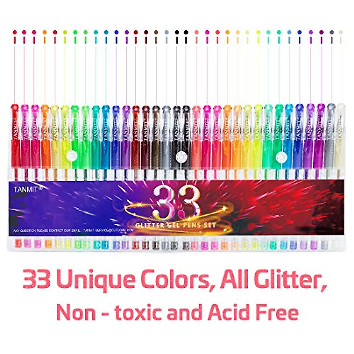 Glitter Gel Pens, 33 Colors Neon Glitter Pens Set Gel Art Markers with 40% More Ink for Adult Coloring Books, Drawing, Journaling, Doodling