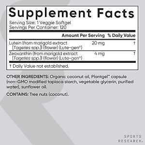 Sports Research® Lutein and Zeaxanthin Capsules - Eye Health Support Supplement Made with Lute-Gen® and Organic Coconut Oil - Vegan Friendly & Non-GMO Verified - 120 Veggie Softgels