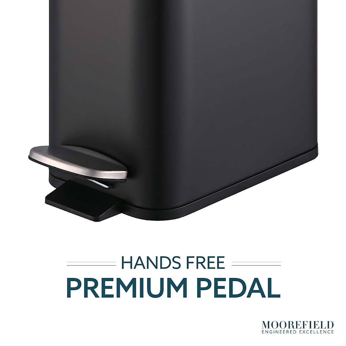 Moorefield Slim Rectangular Wastebin, 1.3 Gallon/5L Capacity Garbage Can with Soft Close Lid, Premium Stainless Steel Step Pedal Trash Can (Matte Black)