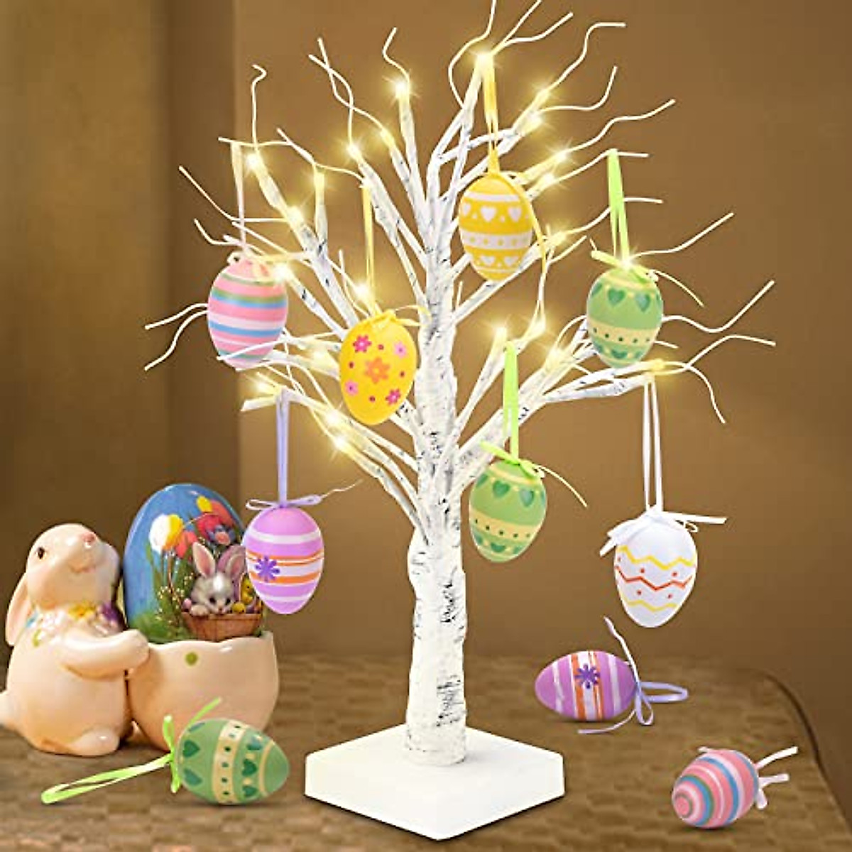 Easter Decorations for The Home 18 inch 36 LED White Birch Tree Lights with 10 Easter Eggs, Battery Operated Easter Decor Clearance, Tabletop Centerpiece for Birthday Spring Wedding Decorations
