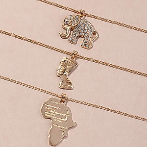 ACEDRE Africa Map Choker Necklace Crystal Elephant Layered Pendant Necklace Chains Gold Gothic Egyptian Queen Beach Adjustable Jewelry Dainty Accessory for Women