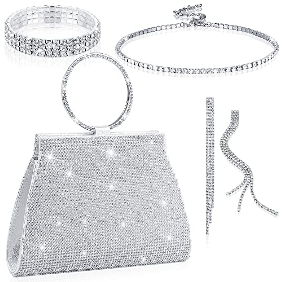 4 Pcs Women Wristlet Rhinestone Evening Clutch Bag Rhinestone Bridal Wedding Choker Bracelet Dangle Earring Bride and Bridesmaid Handbag Elegant Bling Glitter Purse