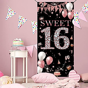 Sweet 16 Birthday Door Banner Backdrop, Happy 16th Birthday Decorations for Girls, Sweet Sixteen Door Cover Rose Gold, 16 Door Poster Sign Birthday Party Supplies, 6.1ft x 3ft Sturdy Fabric PHXEY